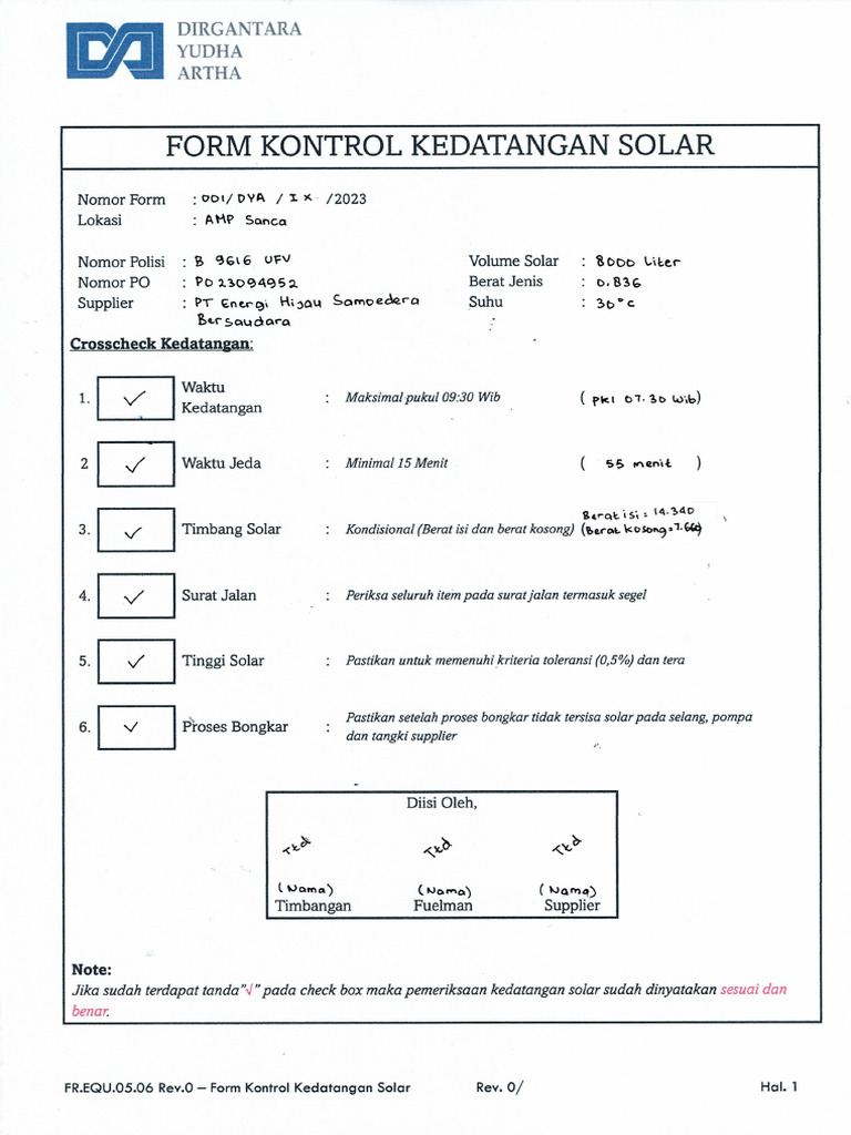 Form Kontrol Kedatangan Solar (DYA) - Final Akhir (Contoh) | PDF