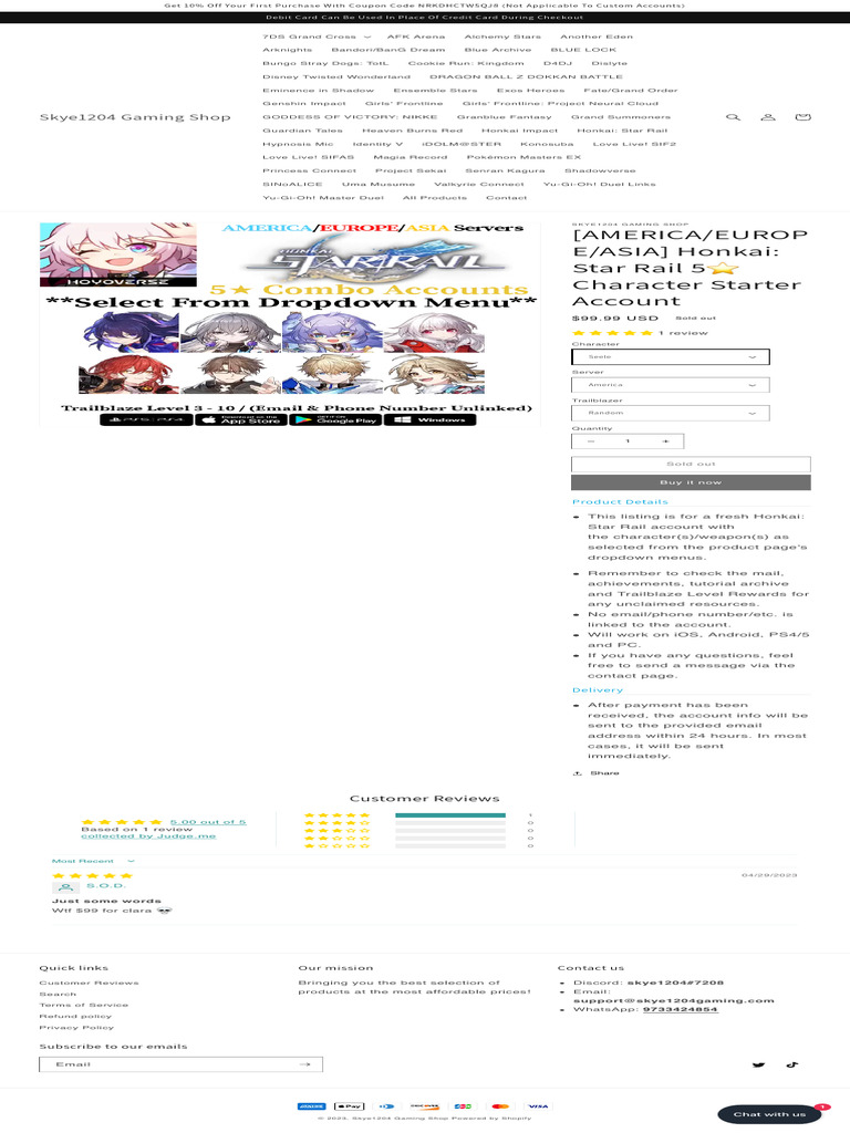 (AMERICAEUROPEASIA) Honkai Star Rail 5 Character Starter Account - Skye1204 Gaming Shop | PDF