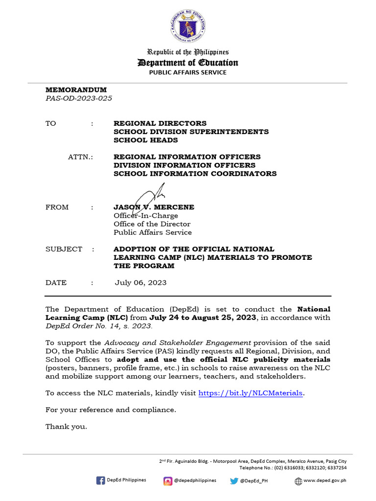 Signed OD Memo Adoption and Usage of The NLC Materials | PDF