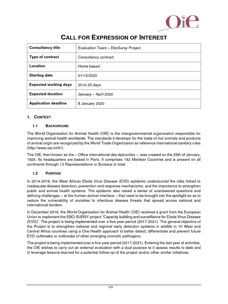 OIE - Evaluation of The EBO-SURSY Project - EoI and TORs | PDF ...