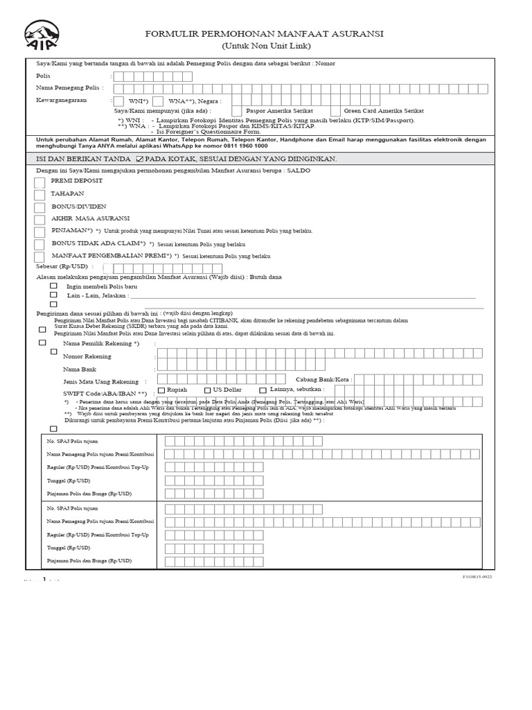FORMULIR PERMOHONAN MANFAAT ASURANSI (Untuk Non Unit Link) 0922 | PDF