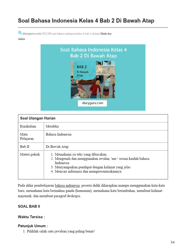 Soal Bahasa Indonesia Kelas 4 Bab 2 Di Bawah Atap | PDF