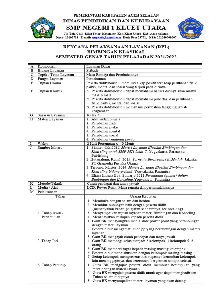 RPL MASA REMAJA DAN PERUBAHANNYA (Genap) | PDF