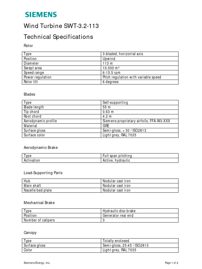 Siemens SWT-3.2-113 Wind Turbine Specs | PDF | Wind Turbine | Turbine