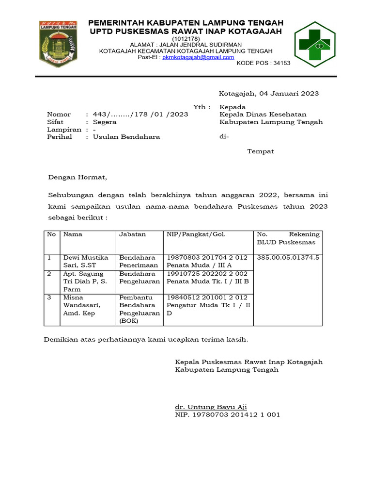 Contoh Surat Usulan Bendahara | PDF