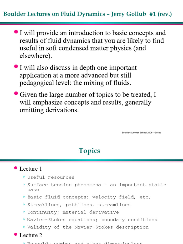 Boulder Lectures On Fluid Dynamics | PDF | Fluid Dynamics | Navier–Stokes Equations