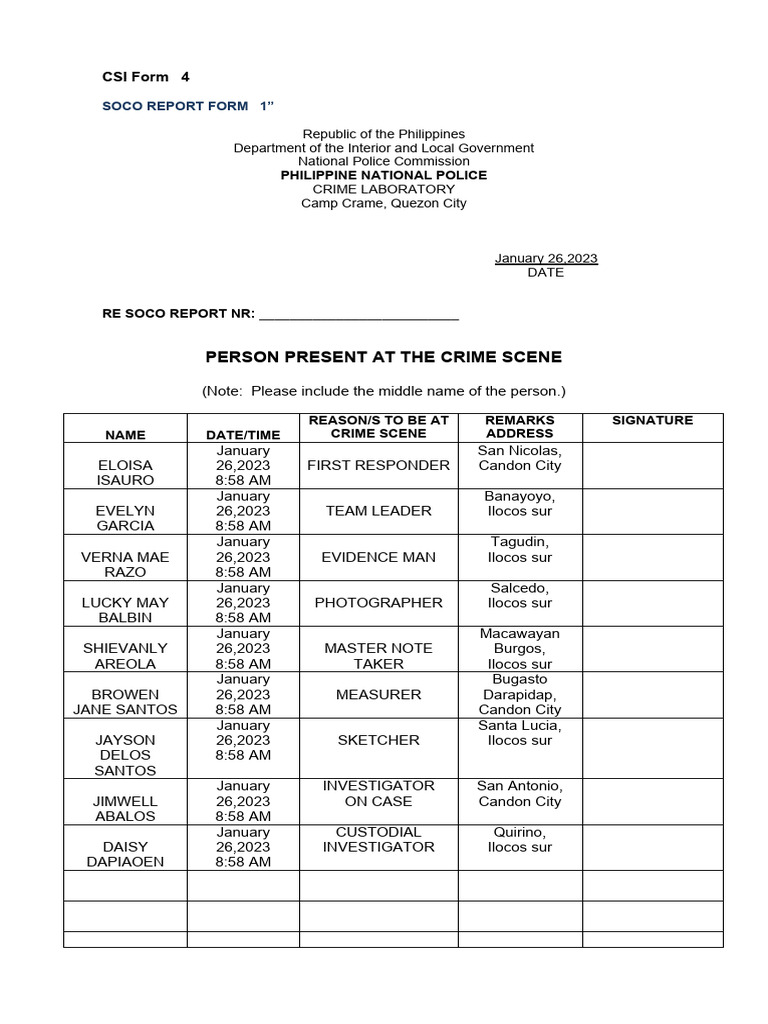 Crime Scene Report: SOCO Form 4 | PDF | Law Enforcement | Crime & Violence