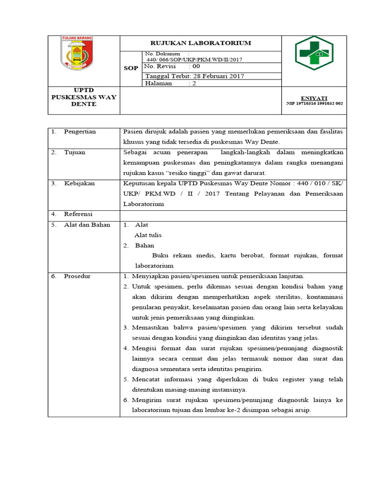 066.sop Rujukan Lab | PDF