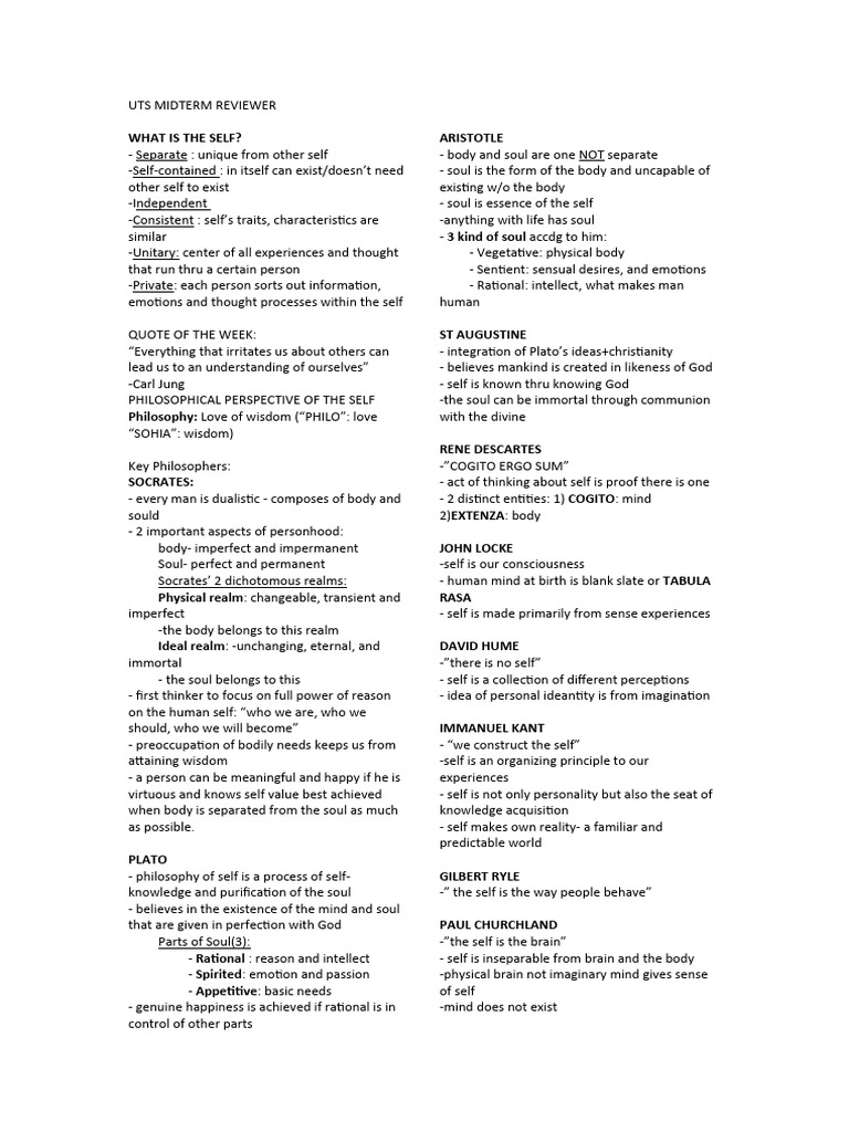 Uts Midterm Reviewer | PDF | Philosophy Of Self | Soul