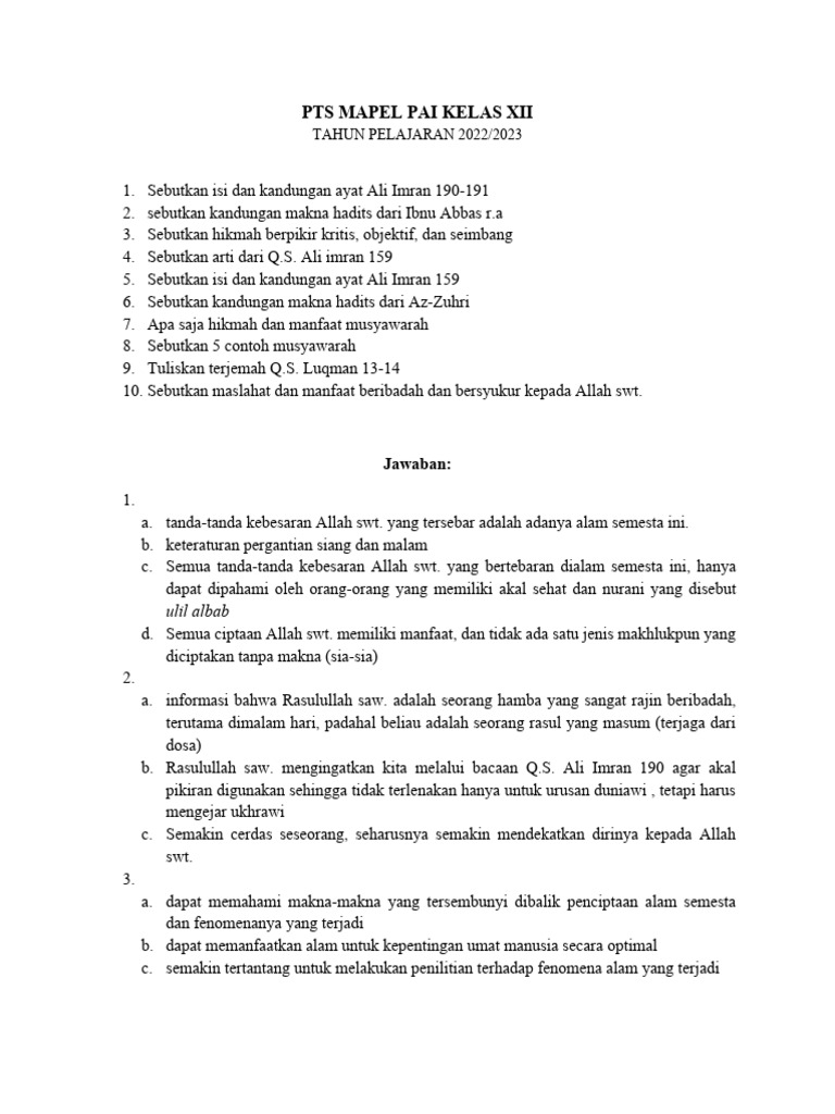 PTS PAI Kelas XII Tahun 2022/2023 | PDF | Seni & Disiplin Bahasa | Agama & Spiritualitas