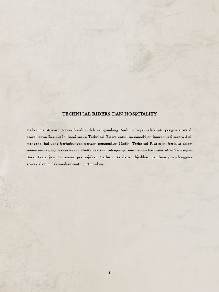 Technical Riders Dan Hospitality - Nadin Amizah | PDF