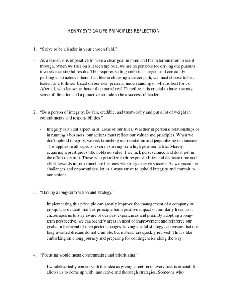 Lesson 6 - Henry Sy's 14 Principles in Life - Reflection | PDF ...
