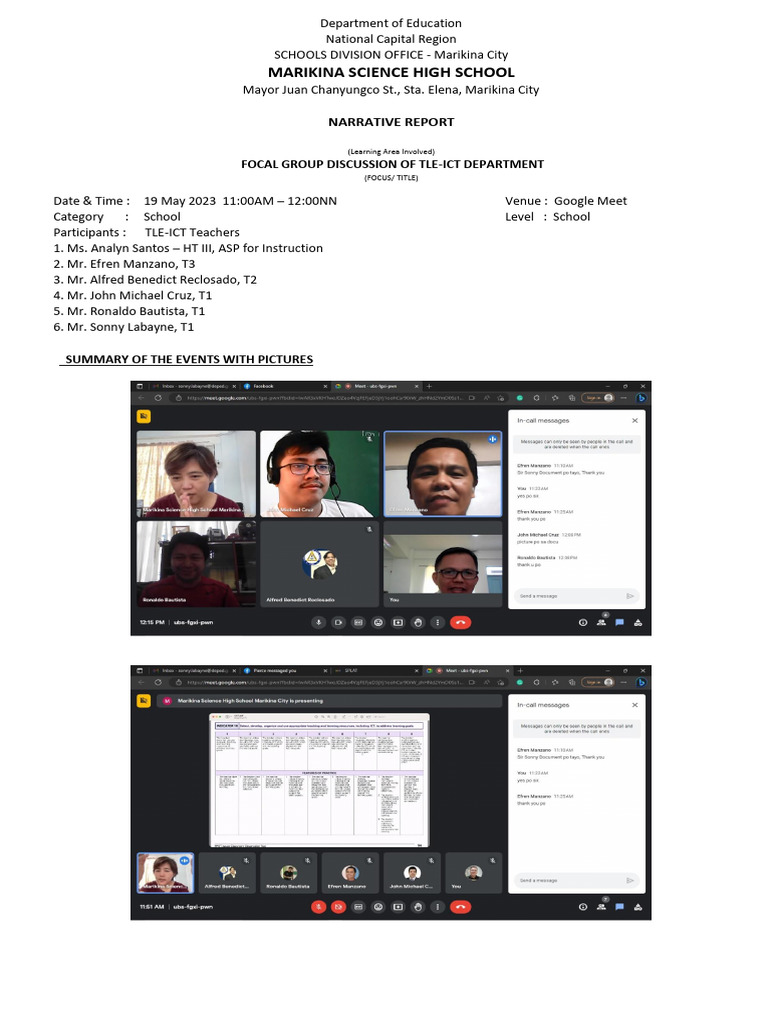 TLE-ICT Focal Group Discussion Summary | PDF | Learning | Cognitive Science