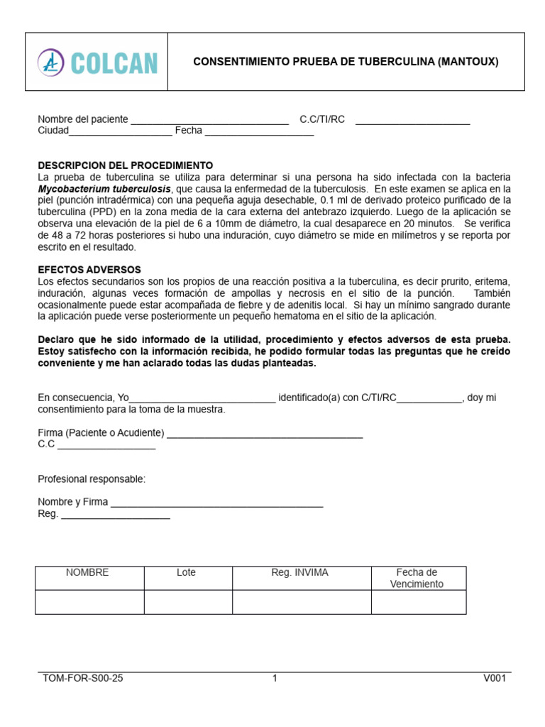 Tom-For-S00-25 Consentimiento Prueba de Tuberculina (Mantoux) | PDF