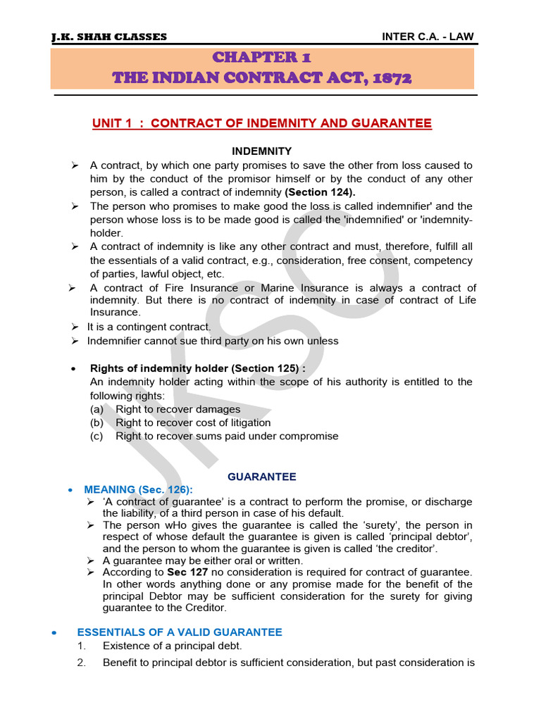 Contract of Indemnity and Guarantee Notes | PDF | Guarantee | Indemnity