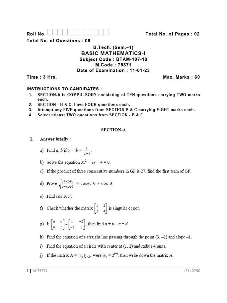 Btech 1 Sem Basic Mathematics 1 75371 Jan 2023 | Download Free PDF ... Btech 1 Sem Basic Mathematics 1 75371 Jan 2023 | Download Free PDF ...