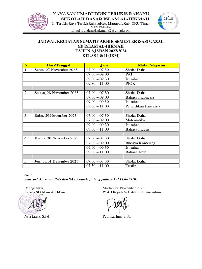 Jadwal Pas Dan Sas Ganjil 2023 | PDF