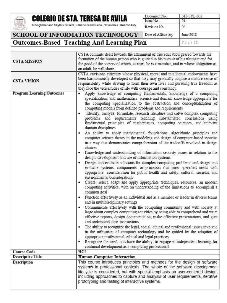 HCI Course Outline and Learning Outcomes | PDF | Human–Computer Interaction | Usability