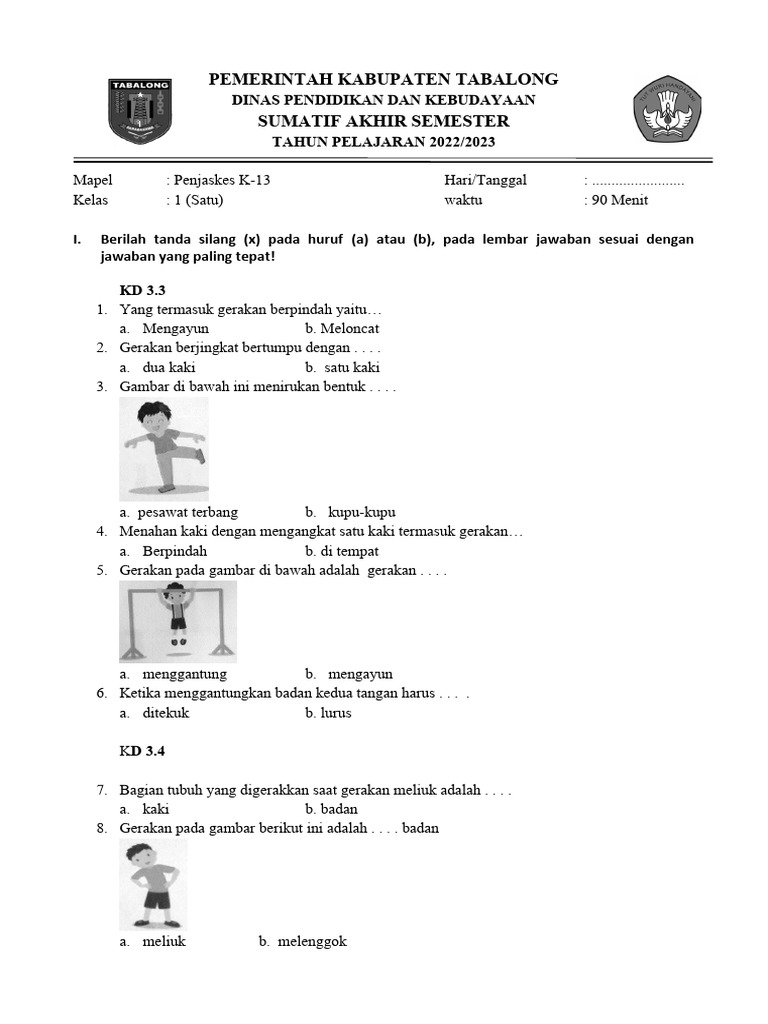 Soal Sas Pjok Sem 2 KLS 1 Tahun 2022-2023 | PDF