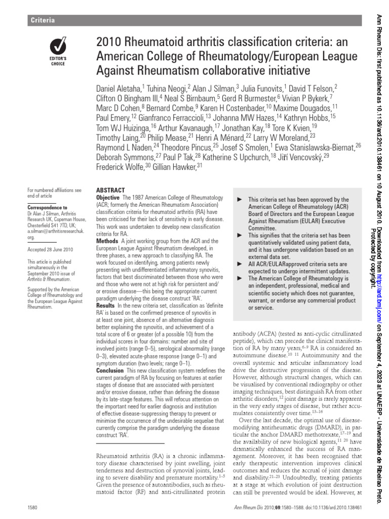 Aletaha, 2010 Critérios de Classificação Da Artrite Reumatoide 2010 ...