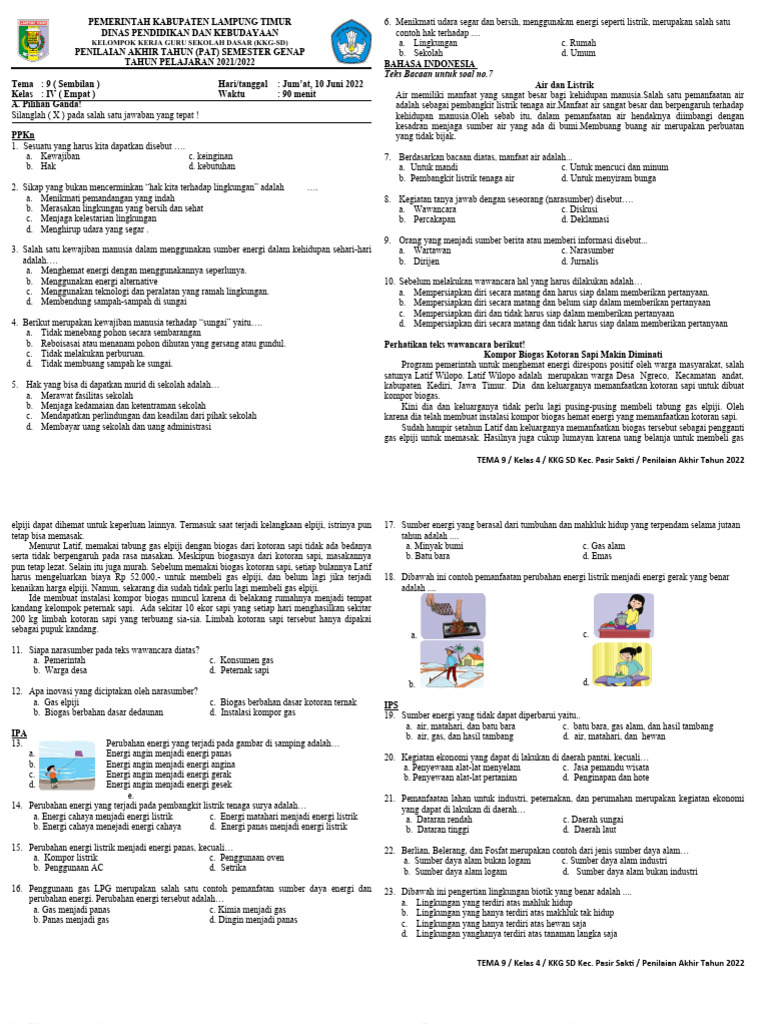 SOAL TEMA 9 KELAS 4 PAT 2122 | PDF