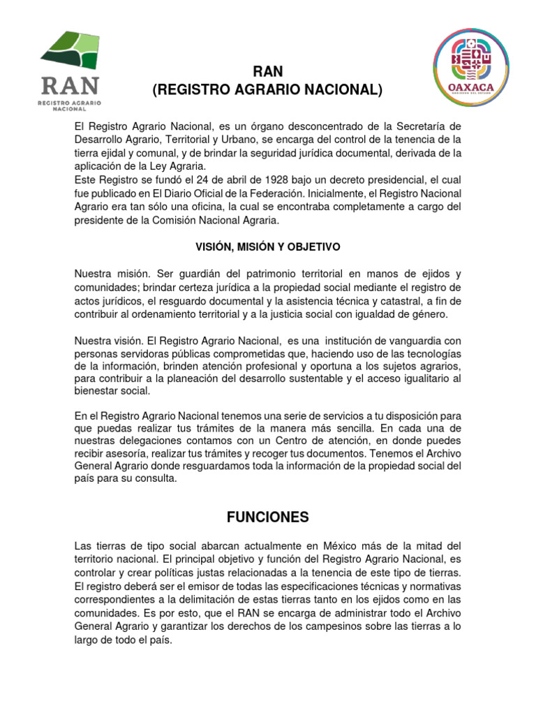 Funciones y Trámites del RAN en México | PDF | Reforma agraria | Regulación