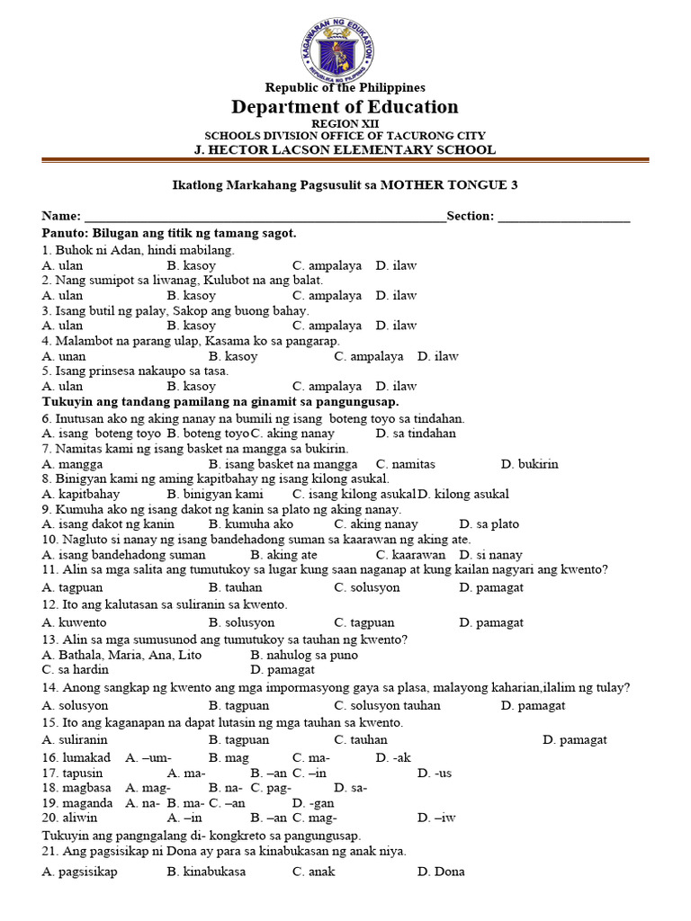 Mother Tongue-1st Quarter Exam | PDF