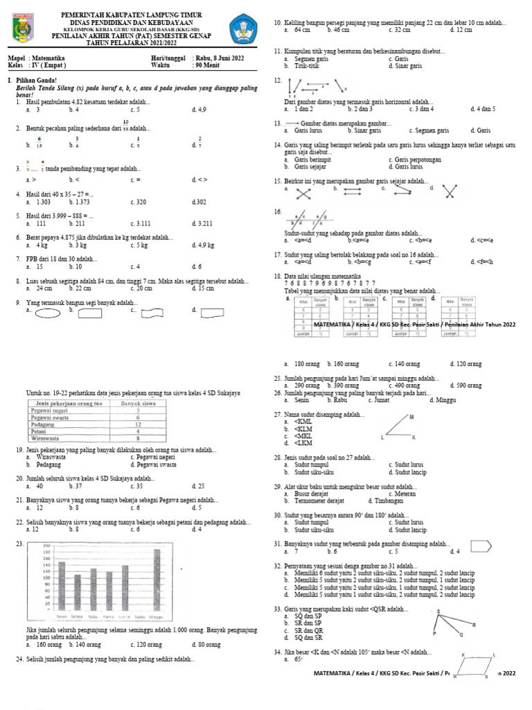 Soal MTK Kelas 4 Pat 2122 | PDF