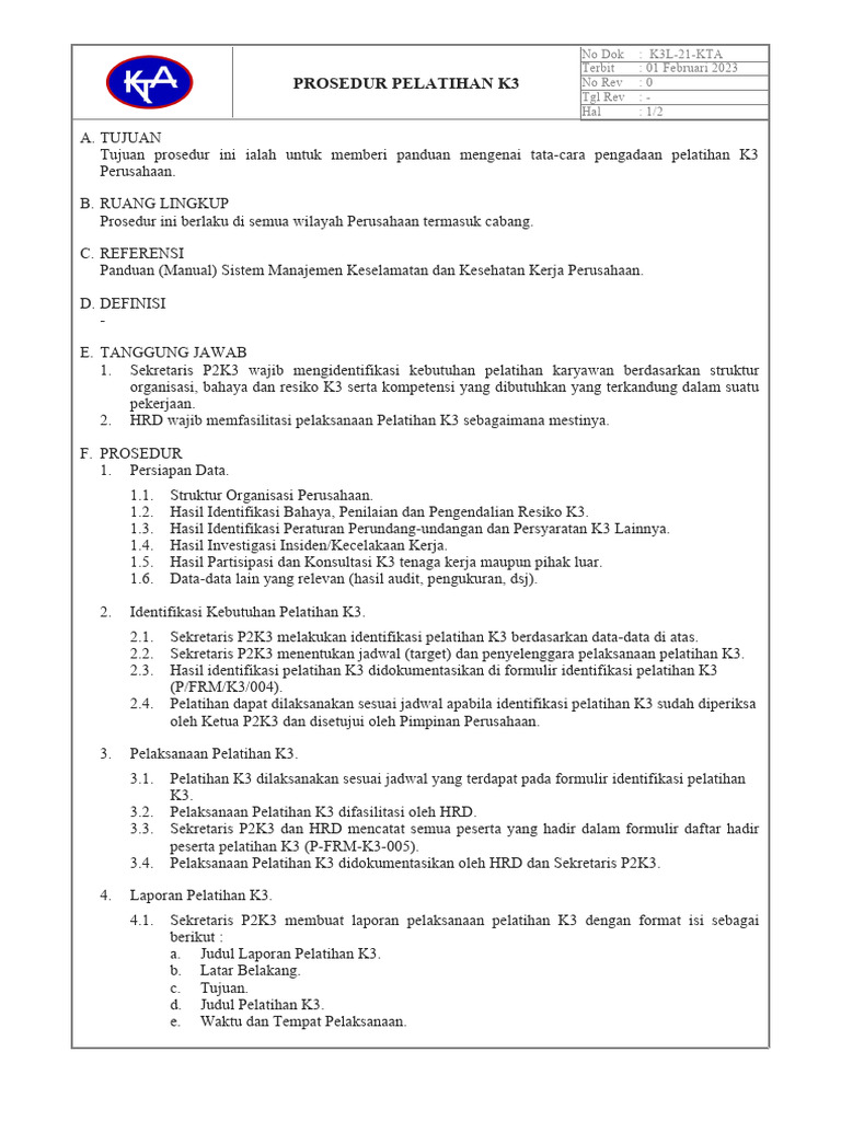 Contoh Prosedur Pelatihan K3 | PDF
