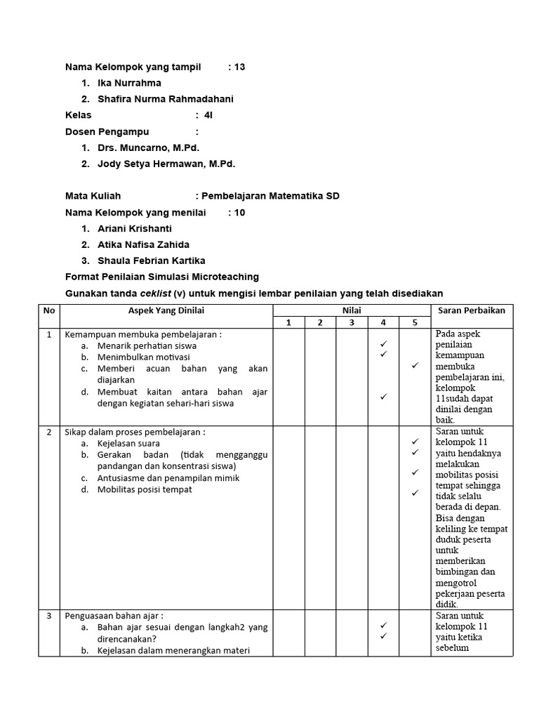 Penilaian Simulasi Microteaching Matematika | PDF