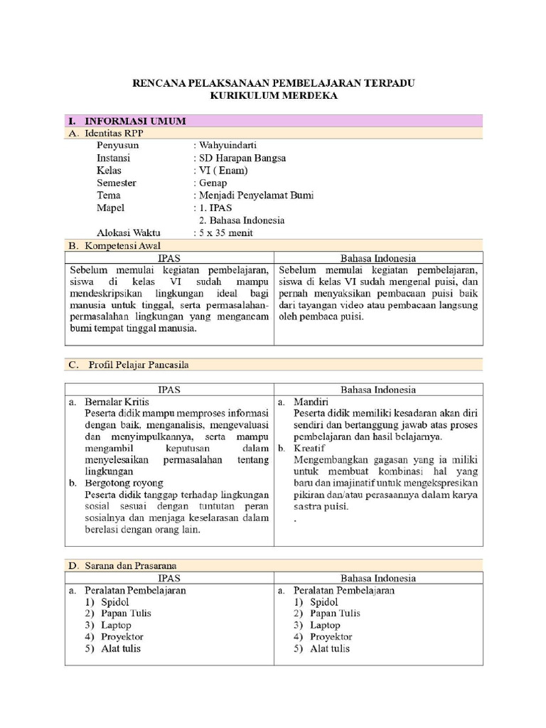 Contoh RPP Terpadu K. Merdeka | PDF