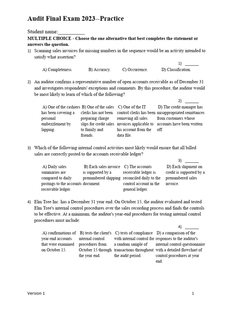 2023 Audit Final Exam Practice Questions | PDF | Going Concern ...