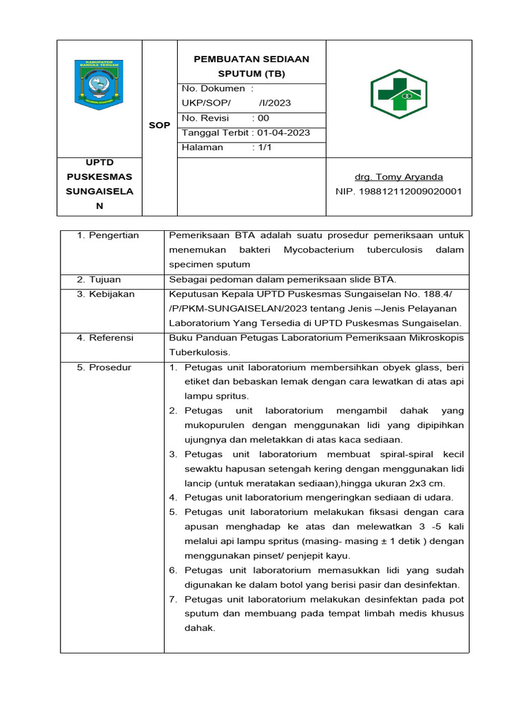 SOP Pembuatan Sediaan Sputum (TB) | PDF