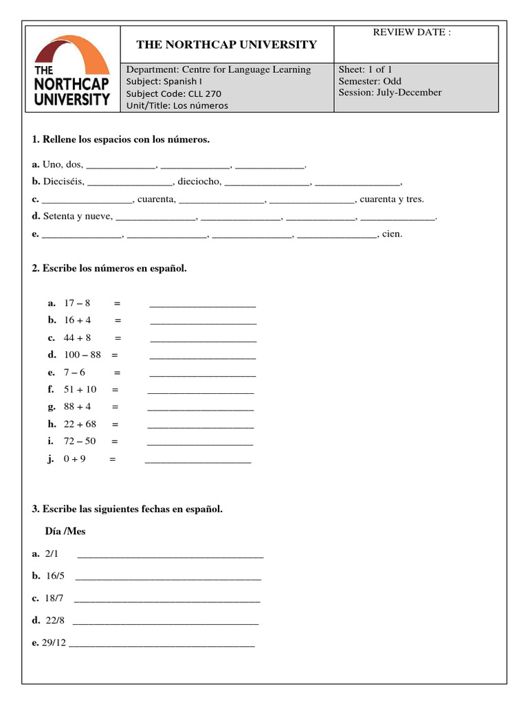 Los Números Worksheet - 2 | PDF