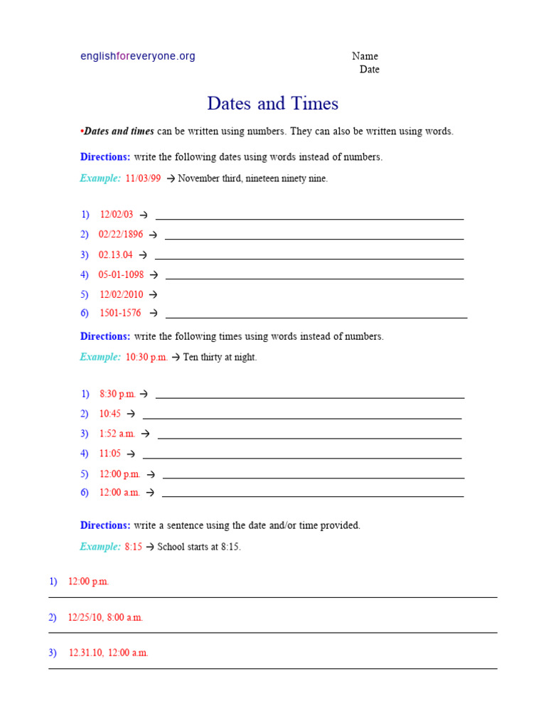 Dates and Times Worksheet | PDF