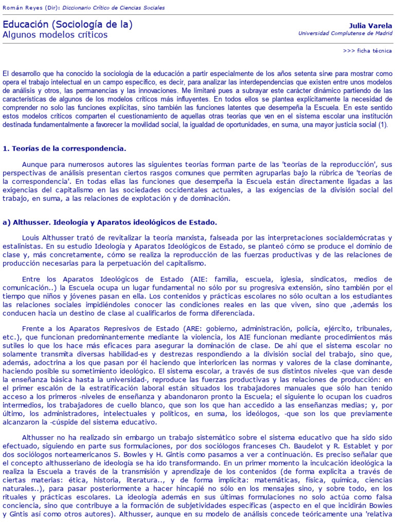 Varela Julia - Sociología de La Educación - Algunos Modelos Críticos | PDF | Ideologías | Michel ...