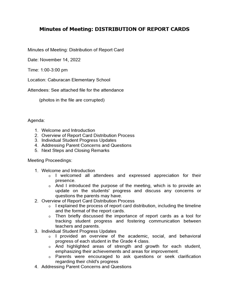 Minutes of Meeting - Distribution of Report Cards | PDF | Communication