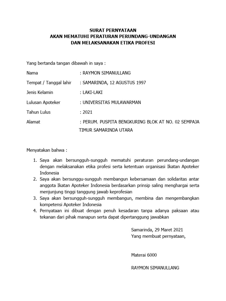 SURAT PERNYATAAN Raymon Simanullang | PDF