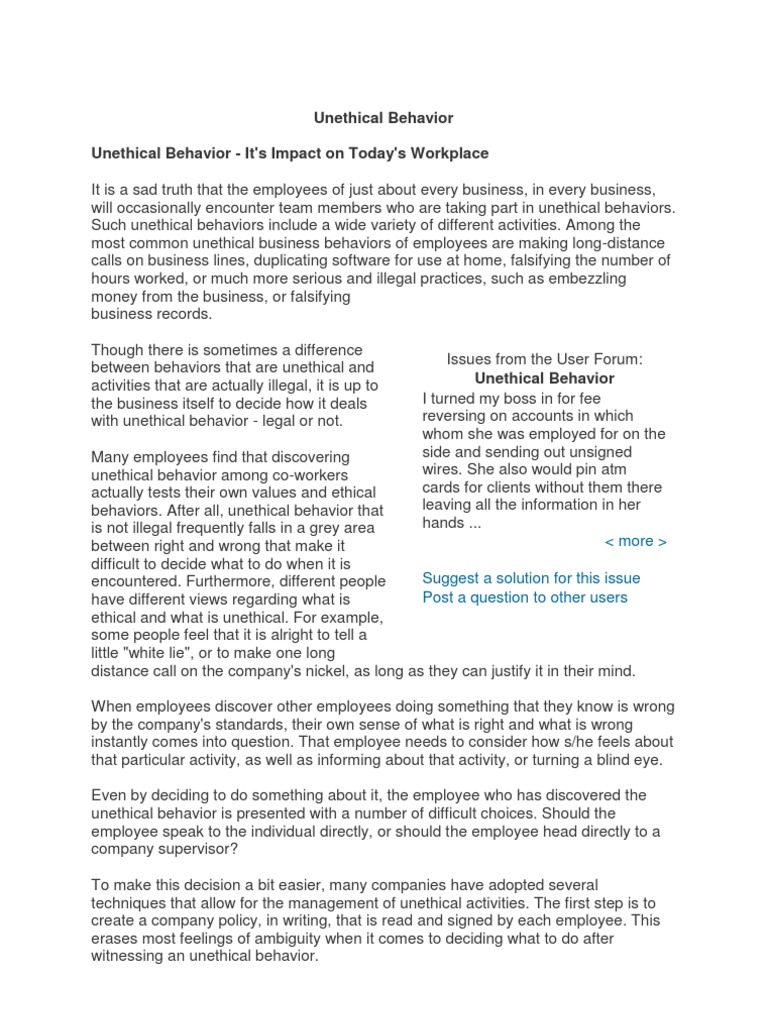 Unethical Behavior Unethical Behavior - It's Impact on Today's Workplace