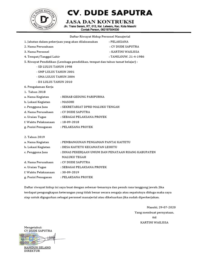 DUDE Daftar Riwayat Hidup Personel Manajerial TRIBUN ORY | PDF