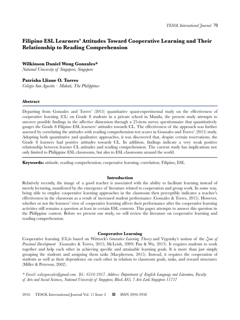 Filipino ESL Learners' Attitudes Toward Cooperative Learning and Their ... Filipino ESL Learners' Attitudes Toward Cooperative Learning and Their ...
