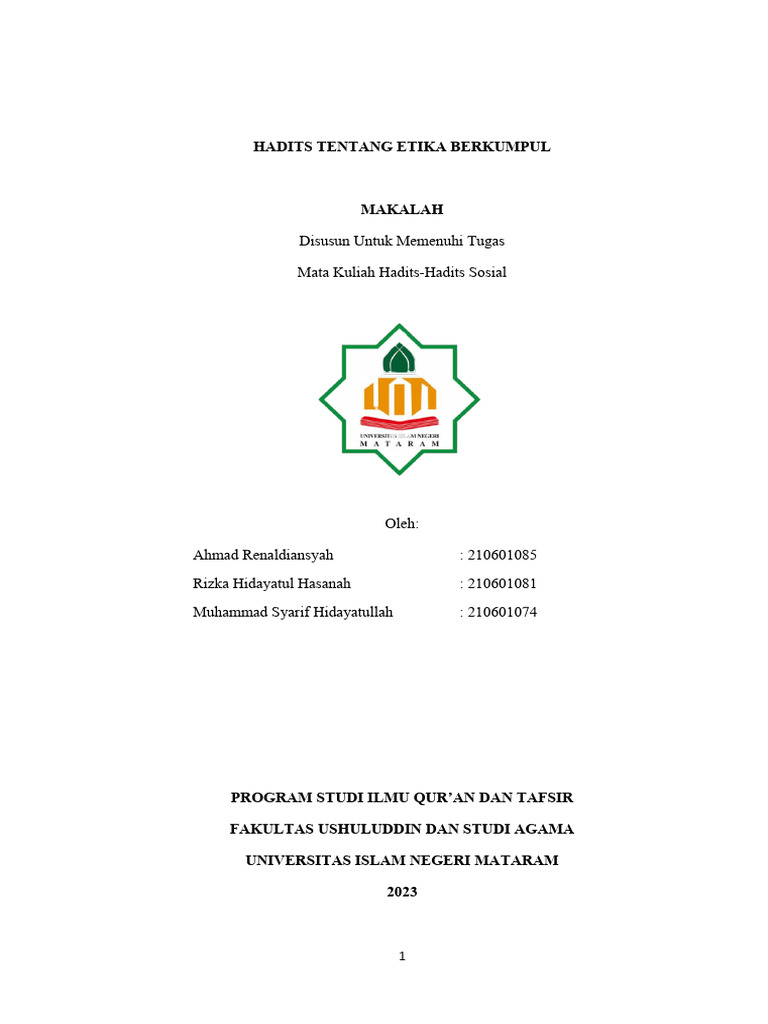 Makalah MK Hadits-Hadits Sosial Kelompok 12 | PDF