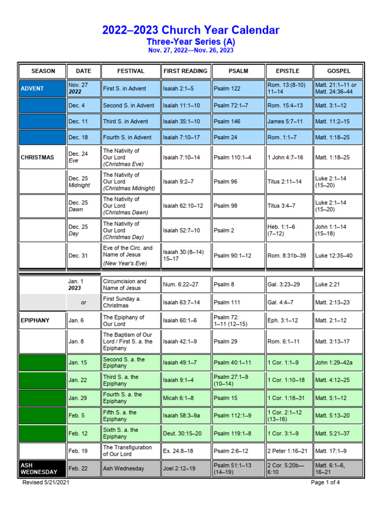 LCMS 2022 2023 Church Year Calendar Three Year Series A | PDF ...