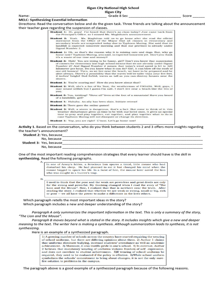 Activities Synthesizing Essential Information | PDF | Reading ...