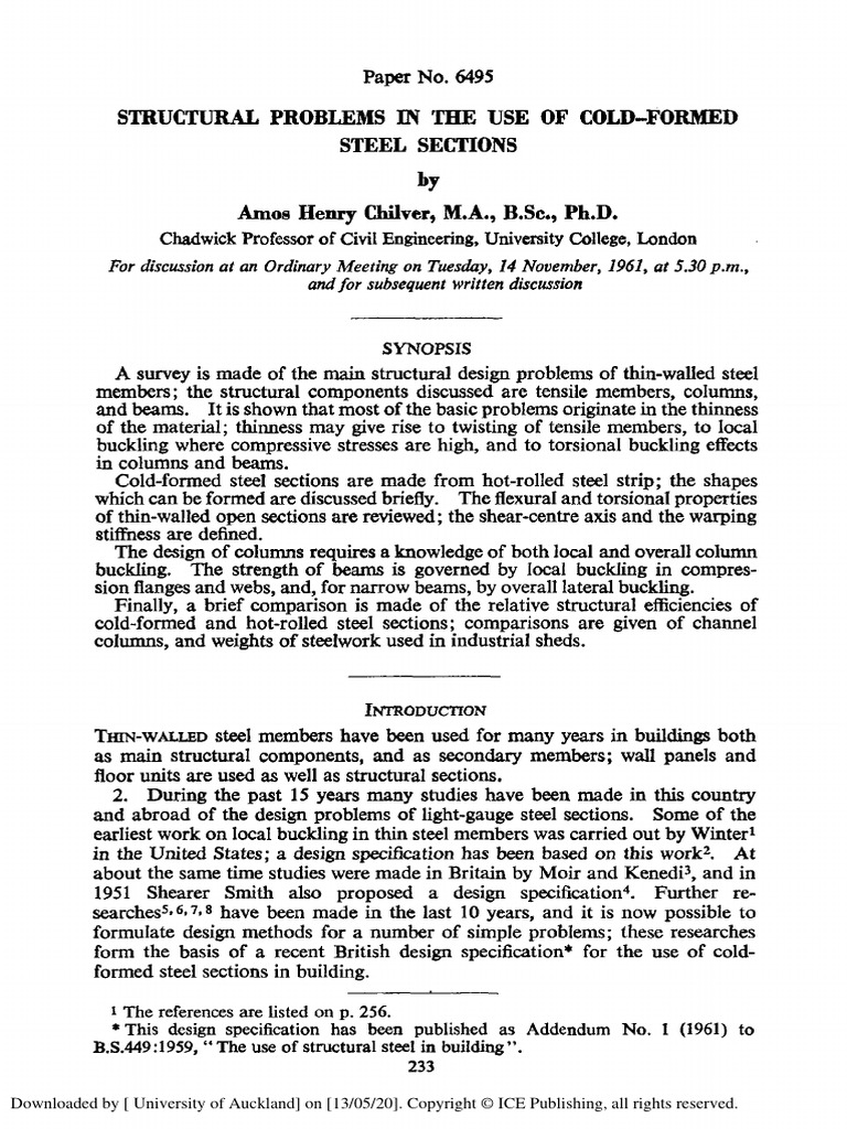 1961 - Structural Problems in The Use of CFS Sections | PDF | Strength Of Materials | Beam ...