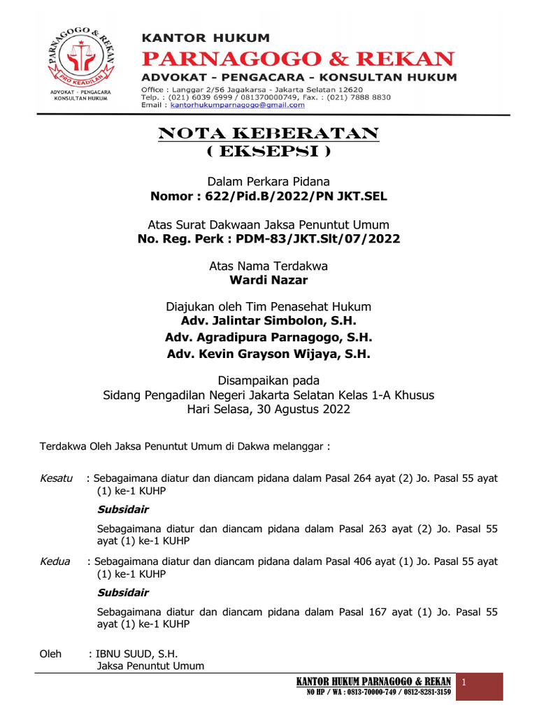 Eksepsi Nota Keberatan Wardi Nazar | PDF
