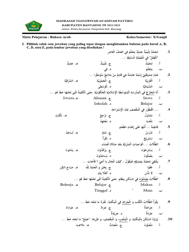 Soal Penilaian Akhir Semester Bahasa Arab MA Kelas X TP 2021-2022 - MA Arabic | PDF