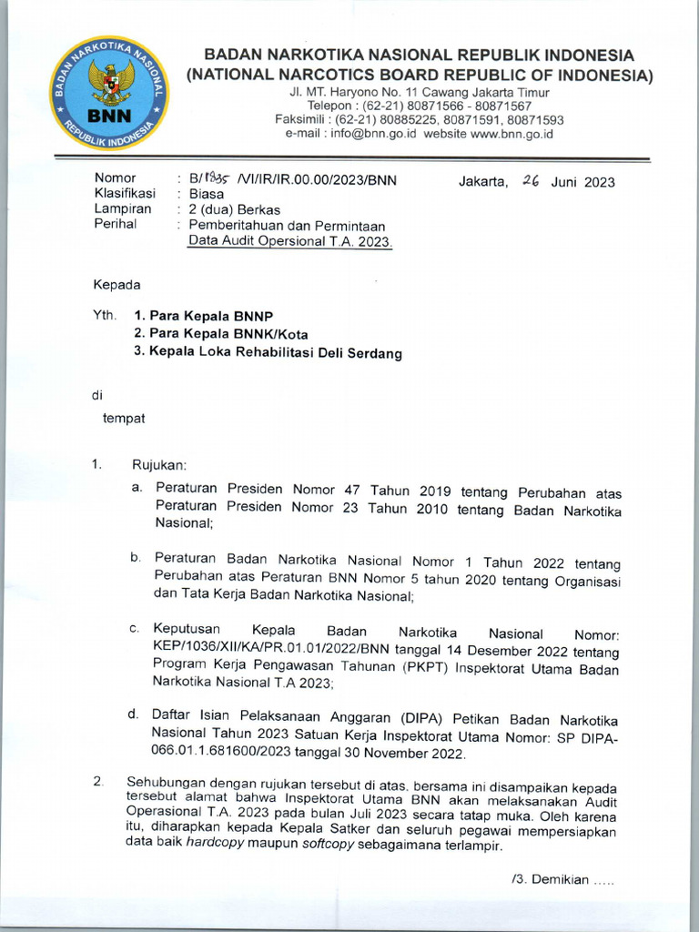Pemberitahuan dan Permintaan Data Audit Operasional TA 2023 | PDF