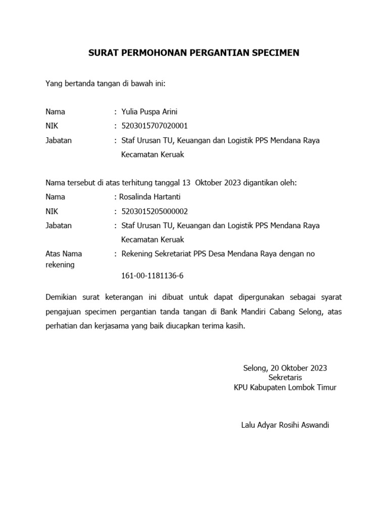 SURAT PERNYATAN PERUBAHAN SPECIMEN | PDF