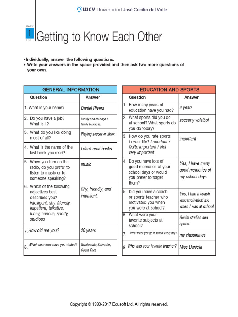 01 Intermediate I Handout Nro.1 Unit 1 Getting To Know Each Other | PDF